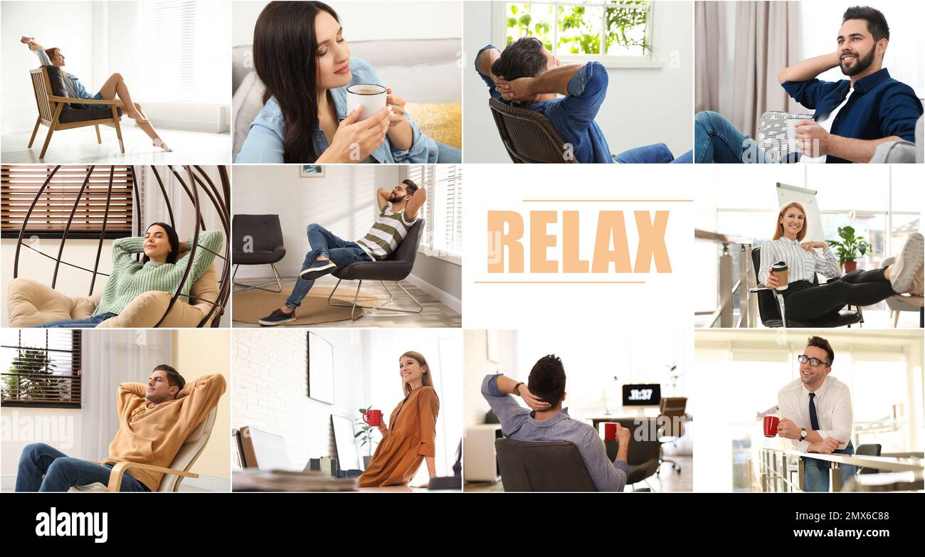 Collage of different people resting indoors and word Relax Stock Photo ...