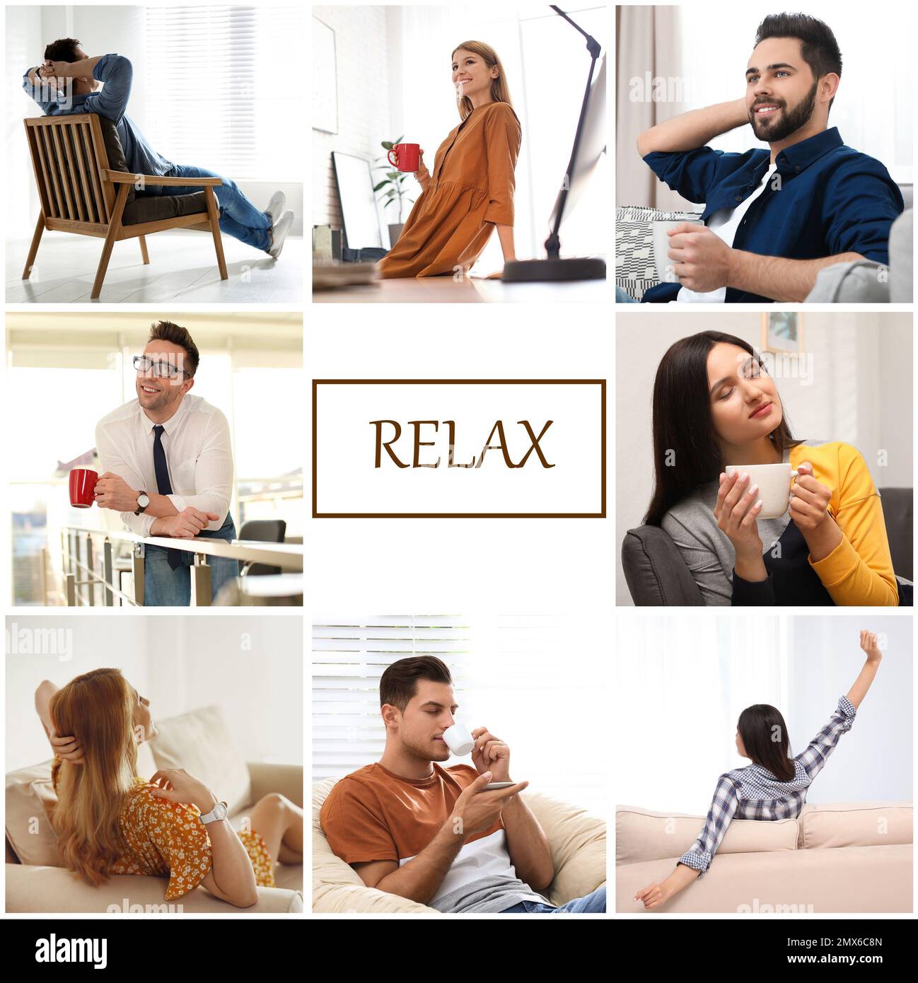 Collage of different people resting indoors and word Relax Stock Photo ...