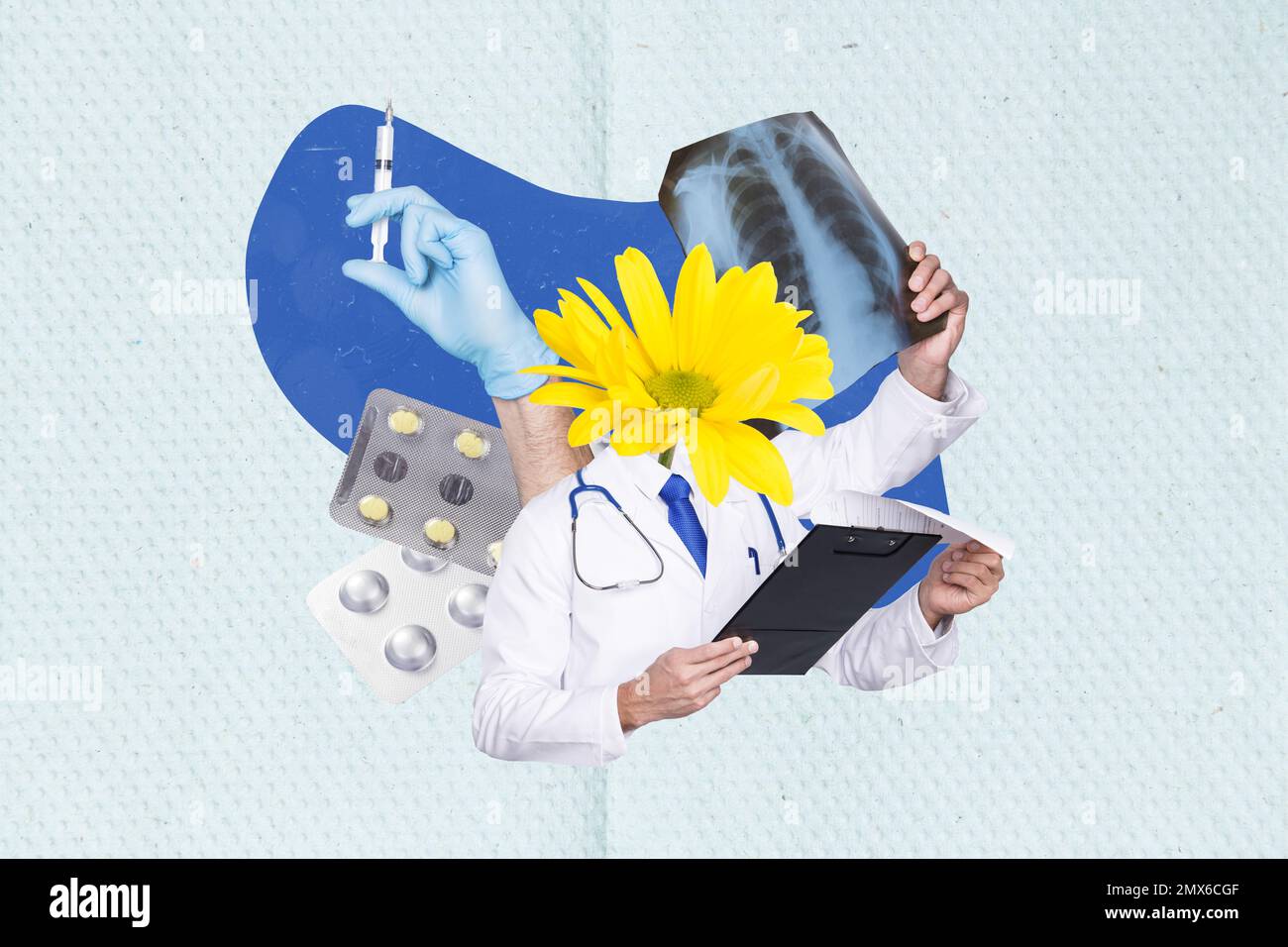 Creative collage image of doctor flower instead head read clipboard ...
