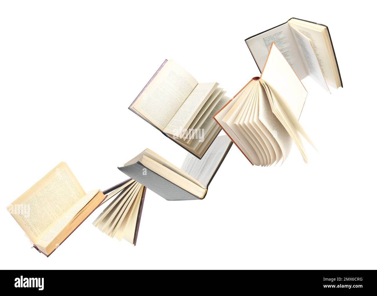 Old hardcover books flying on white background Stock Photo - Alamy