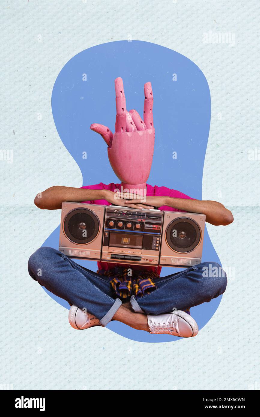 Painting banner collage of cool hipster with rocker sign face hold ...