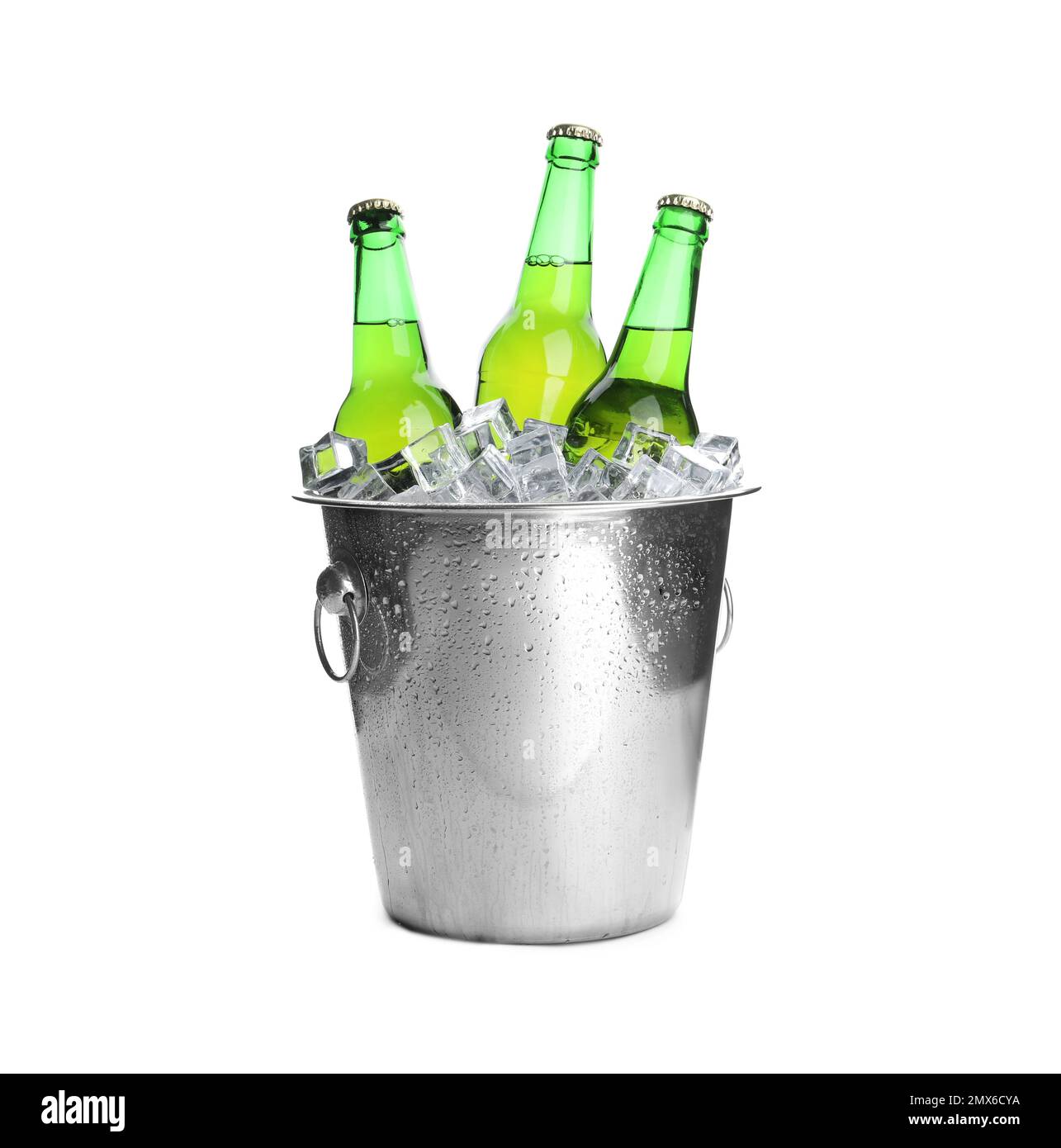 Metal bucket with bottles of beer and ice cubes isolated on white Stock ...