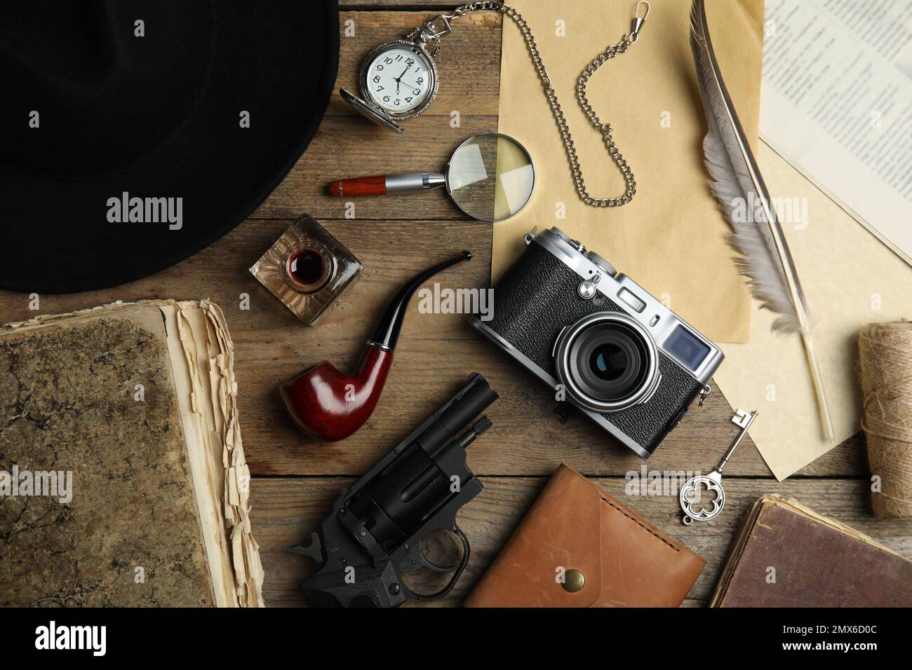 Composition with different vintage items on wooden background ...