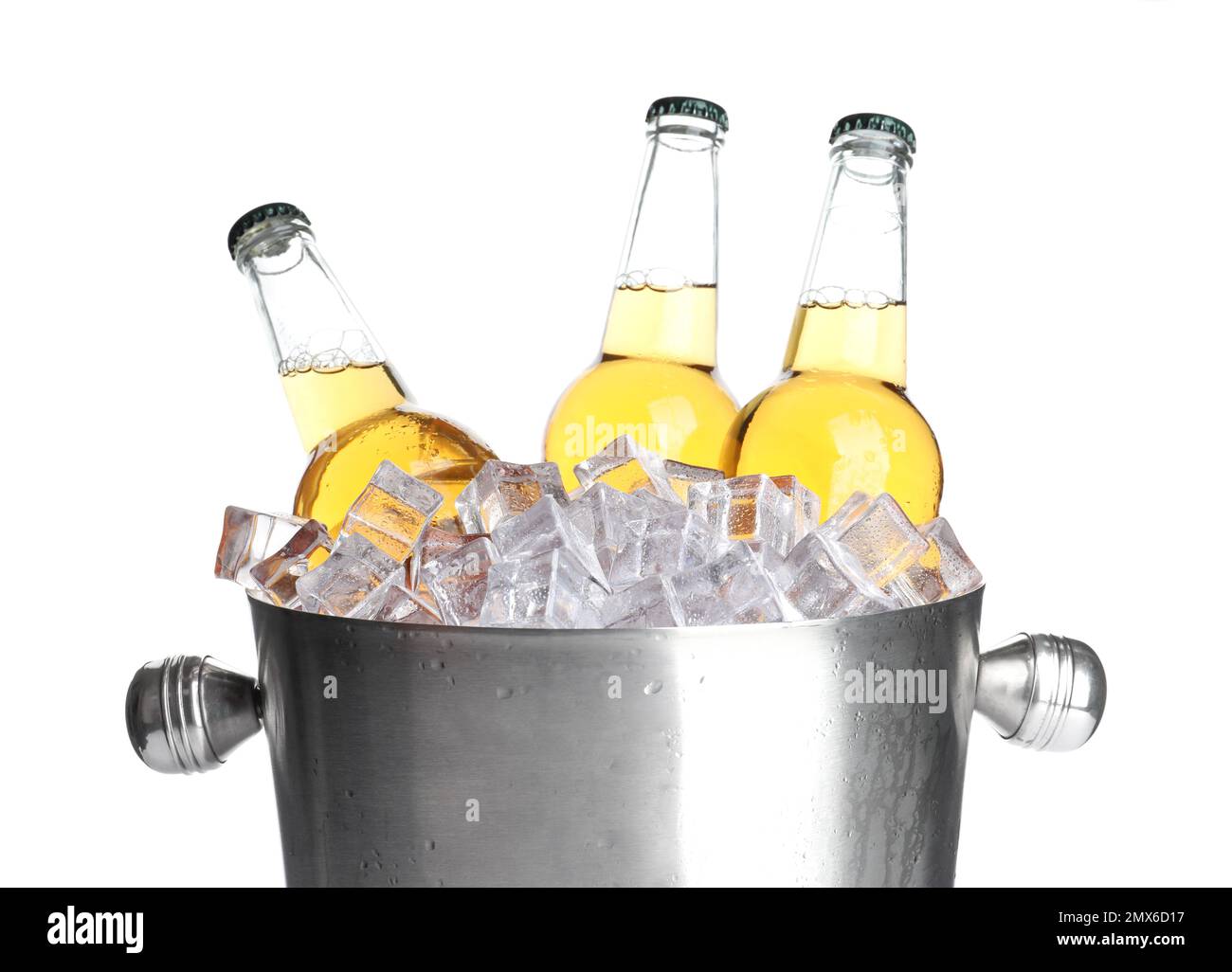 Metal bucket with bottles of beer and ice cubes isolated on white Stock ...