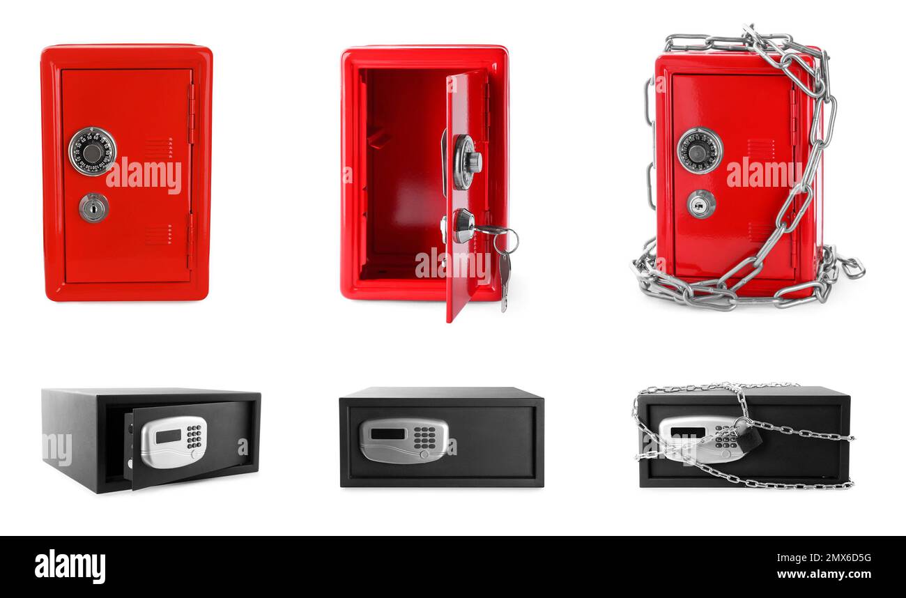 Set of steel safes on white background Stock Photo - Alamy