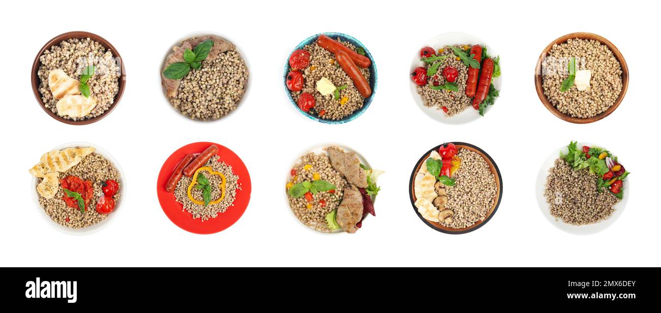 Set of tasty buckwheat porridge with different ingredients on white ...