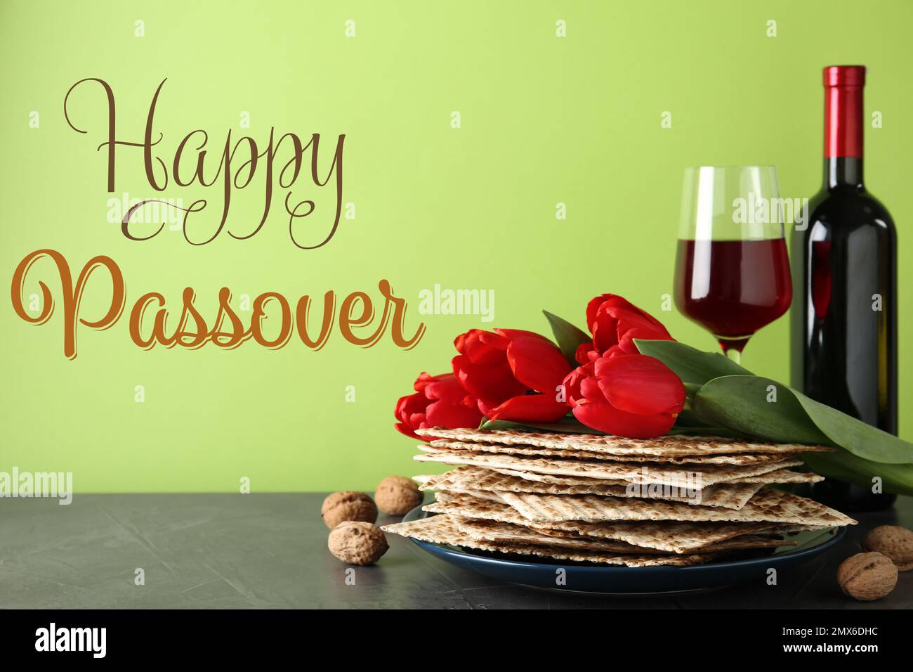Composition with Passover matzos on green background. Pesach ...