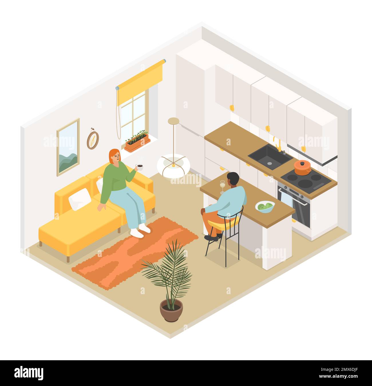 Friendly conversations in the kitchen - vector colorful isometric ...