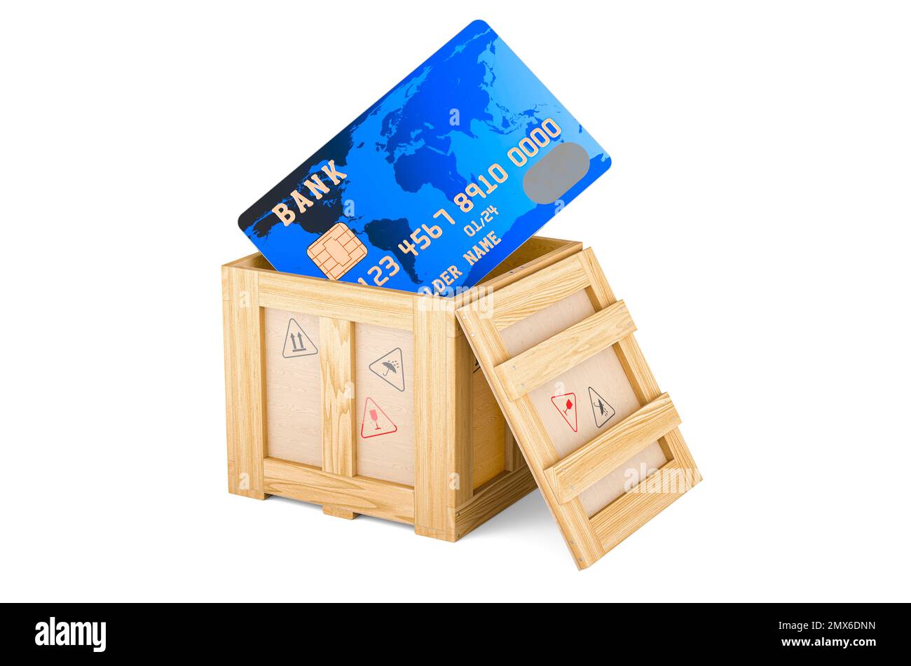Credit Card inside wooden box, delivery concept. 3D rendering isolated ...