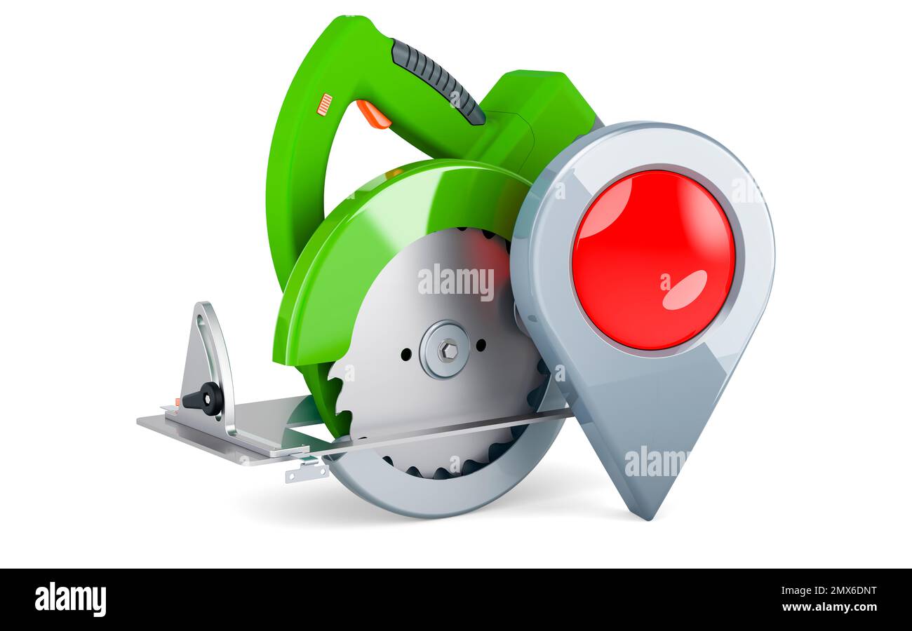 Circular saw with map pointer. 3D rendering isolated on white ...