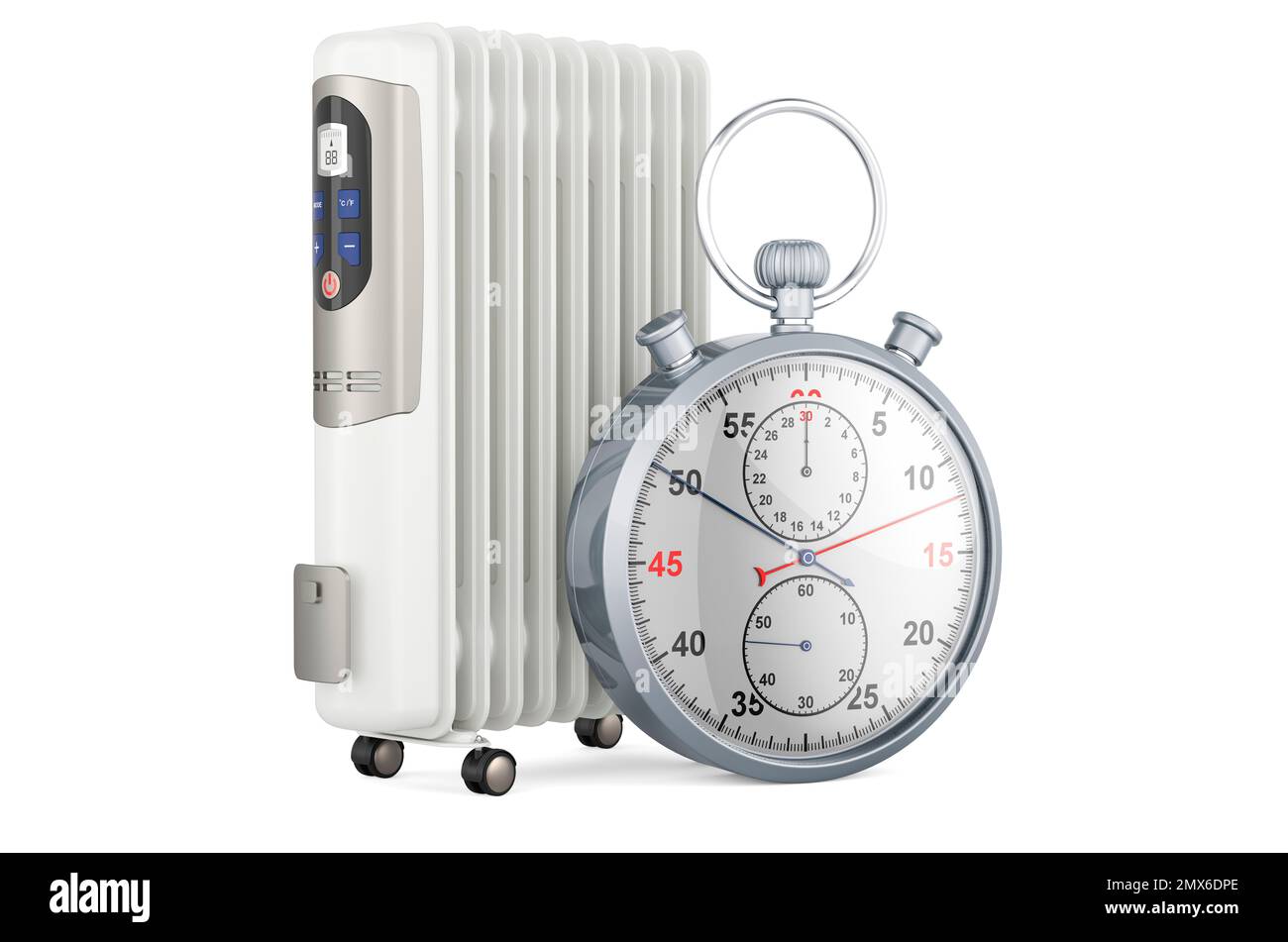Electric oil heater with stopwatch. 3D rendering isolated on white ...