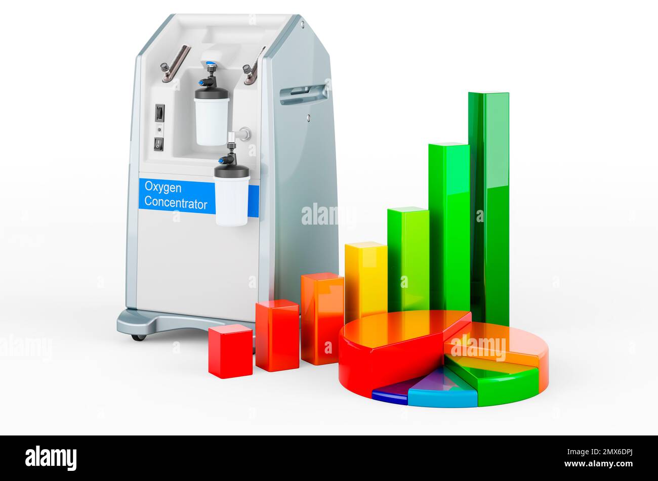 Home Oxygen Concentrator with growth bar graph and pie chart. 3D ...