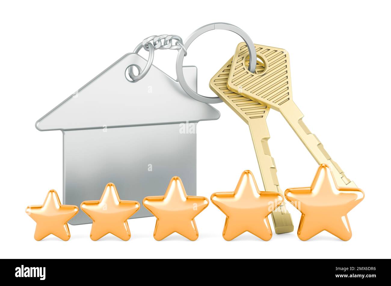 Home key with keychain with five golden stars. 3D rendering isolated on ...