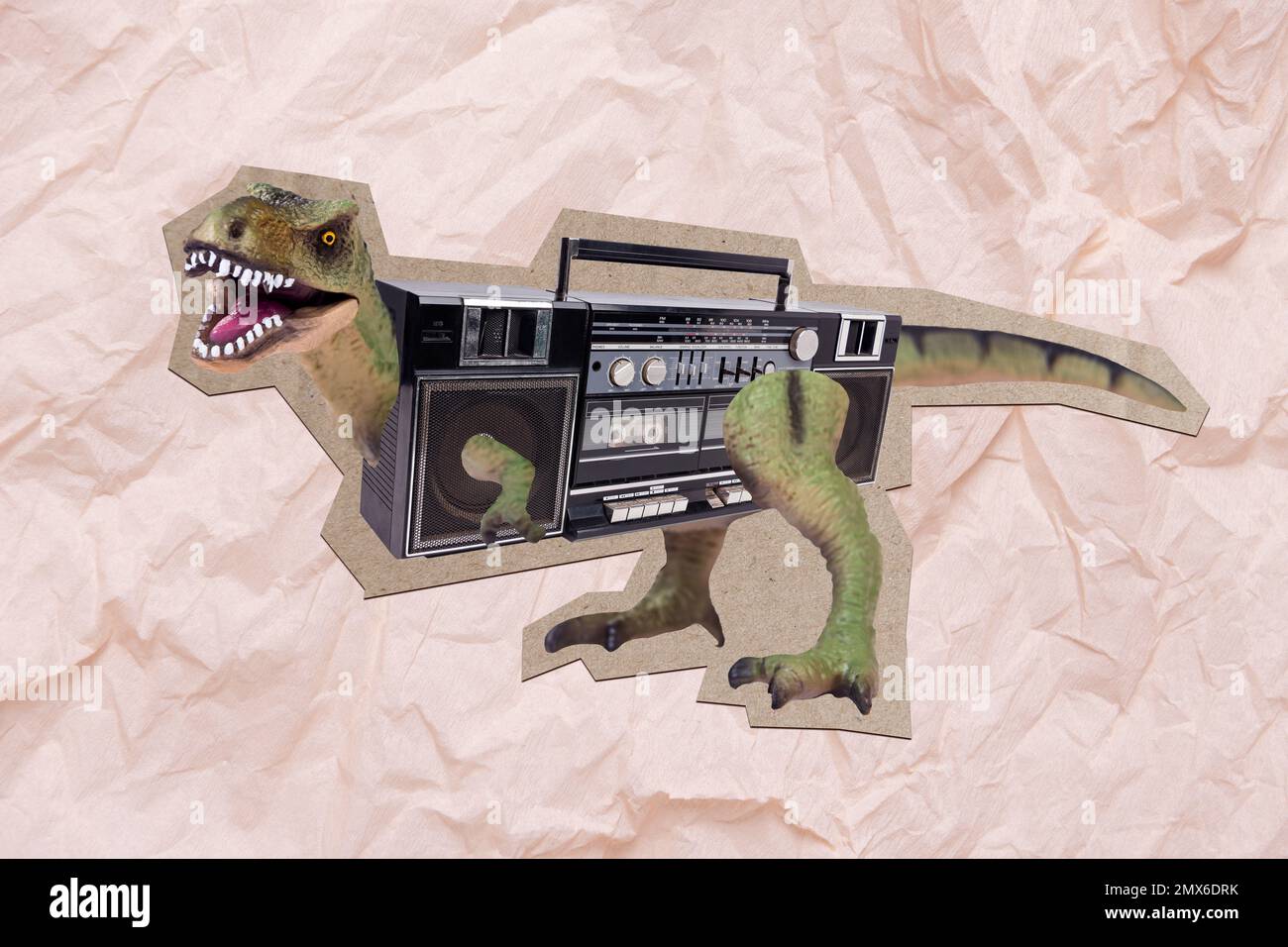 Collage illustration banner of huge t rex dino with boom box tape ...