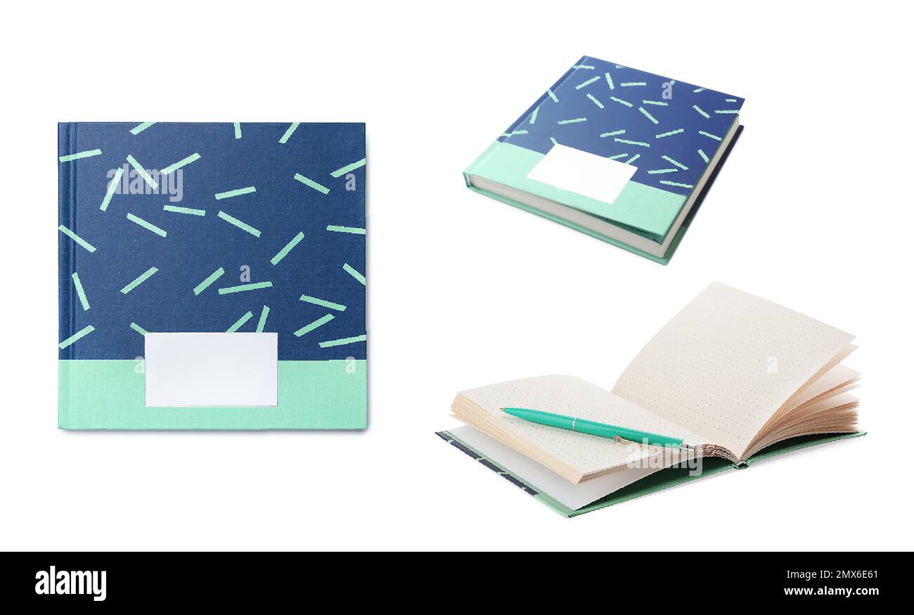 Collage with bright notebook on white background Stock Photo - Alamy