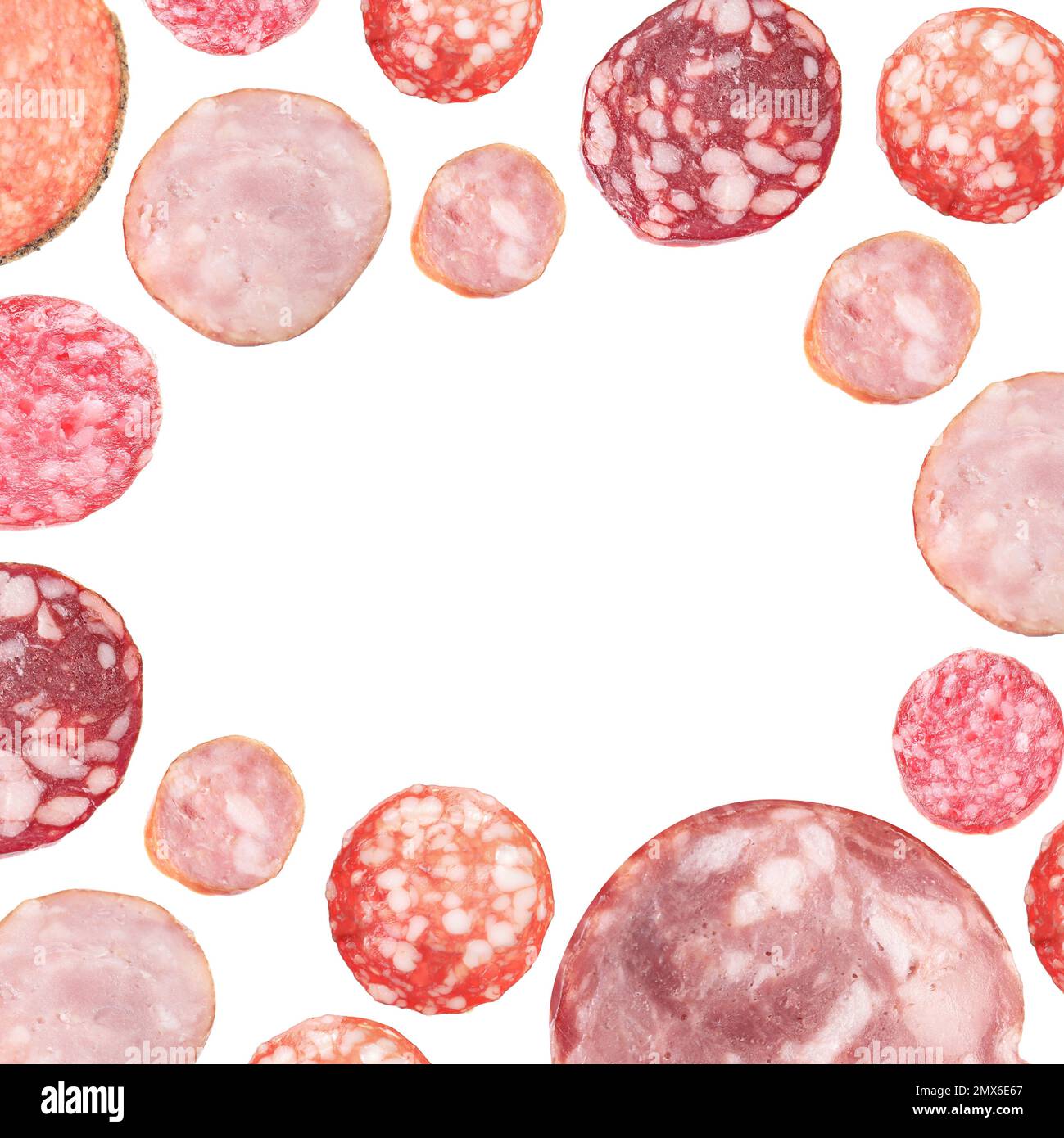 Frame made of cut fresh sausage on white background, top view. Space ...