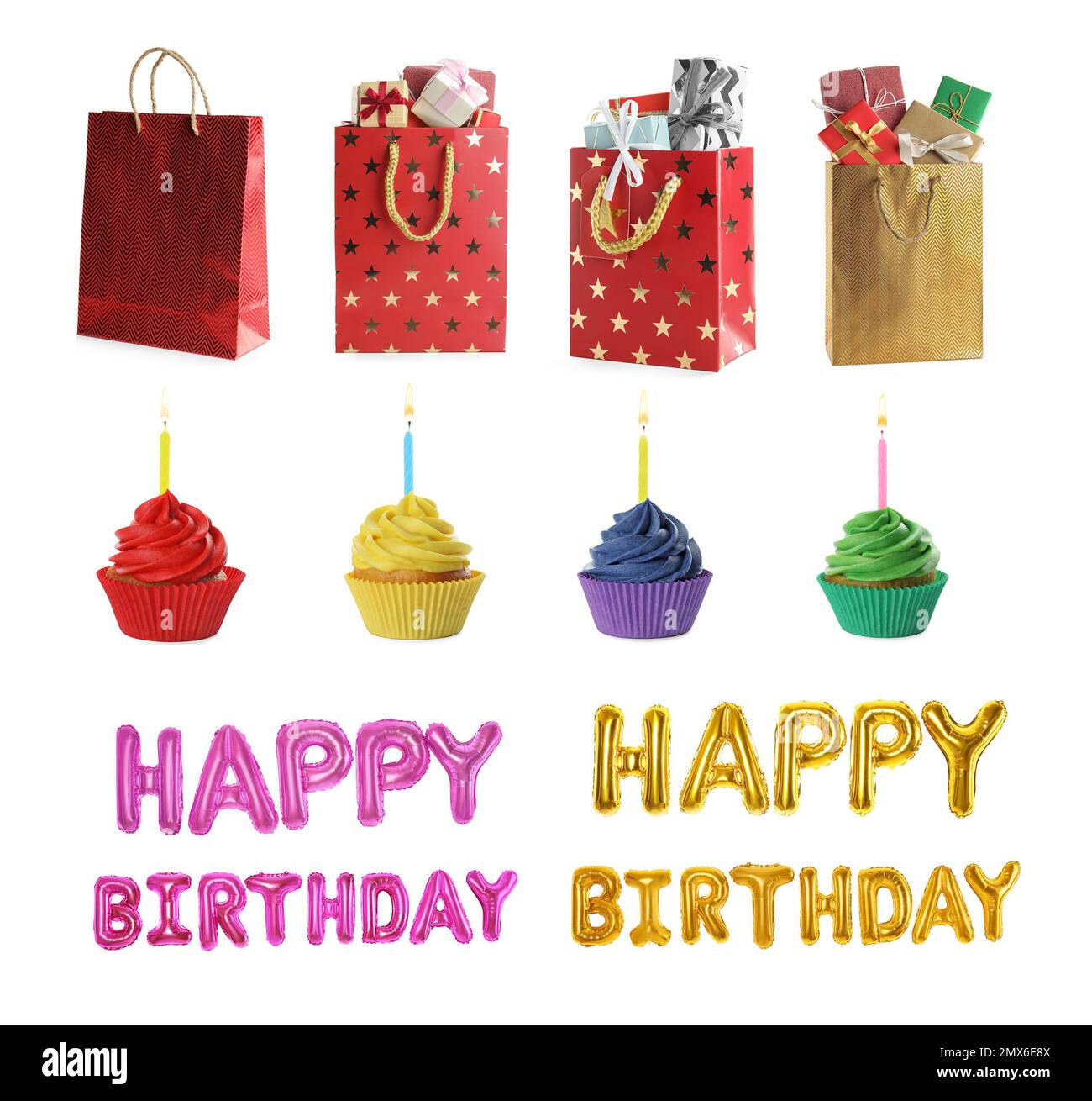 Set of different birthday items on white background Stock Photo - Alamy