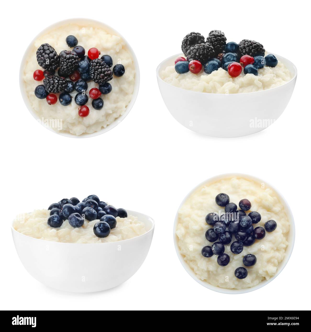 Set of different delicious rice puddings on white background Stock ...