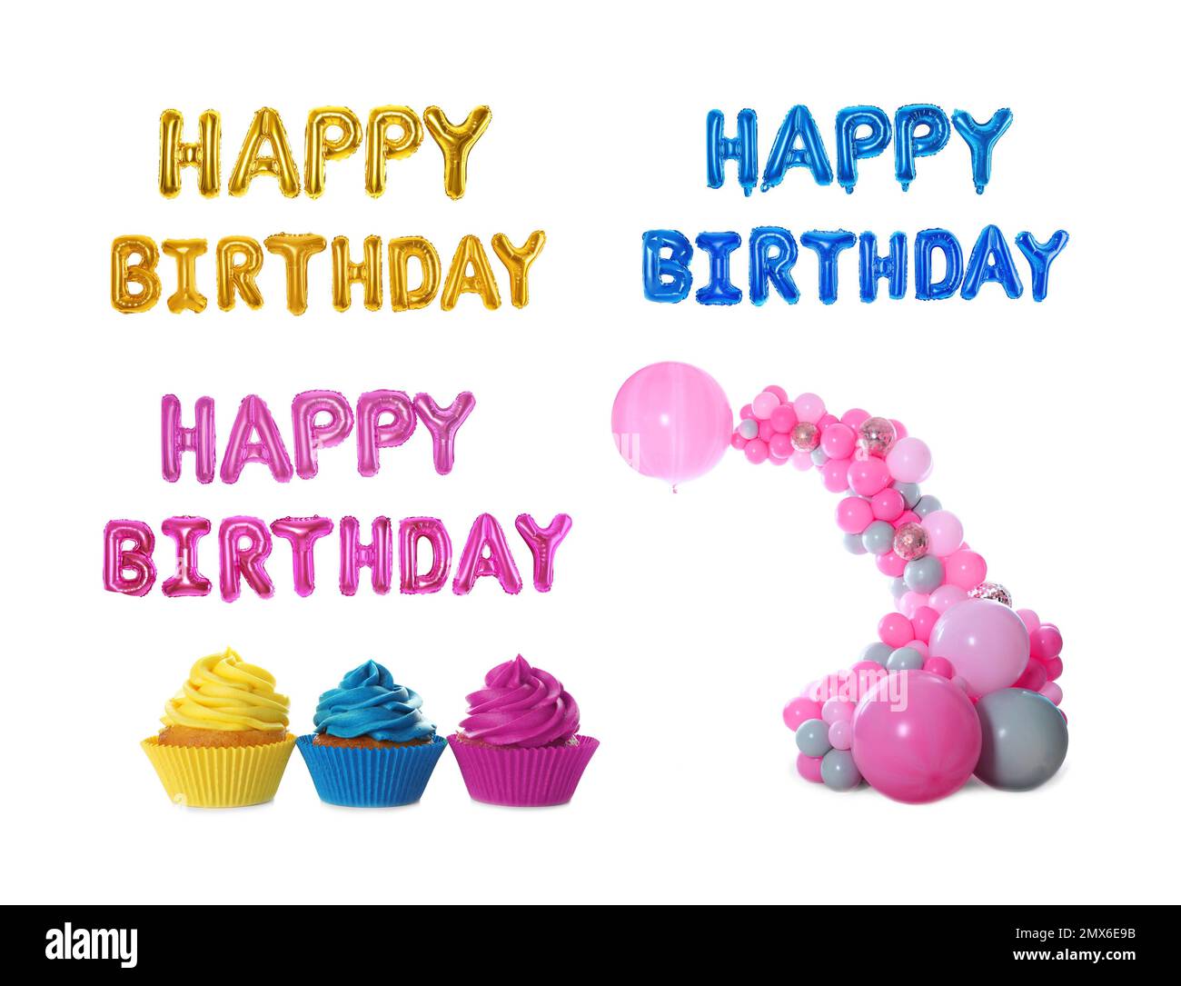 Set of different birthday items on white background Stock Photo - Alamy