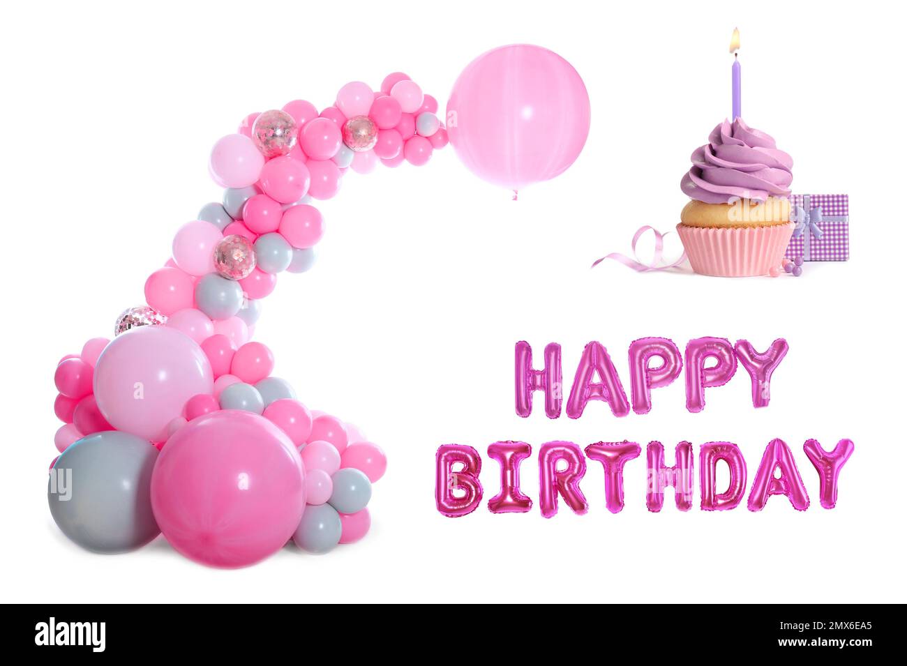 Set of different birthday items on white background Stock Photo - Alamy