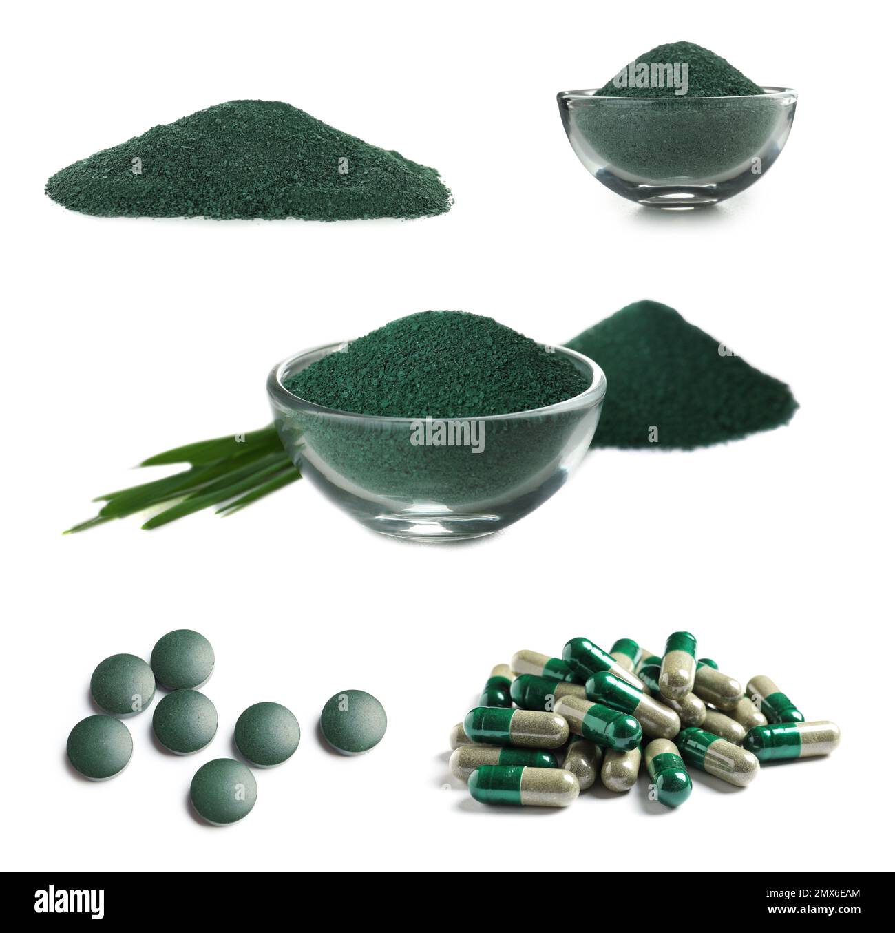 Set of spirulina algae powder and pills on white background Stock Photo ...