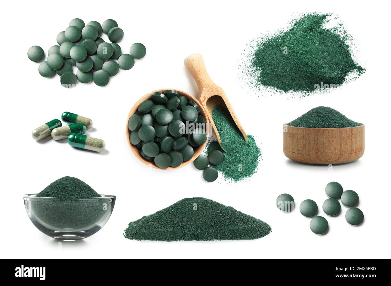 Set of spirulina algae powder and pills on white background Stock Photo ...
