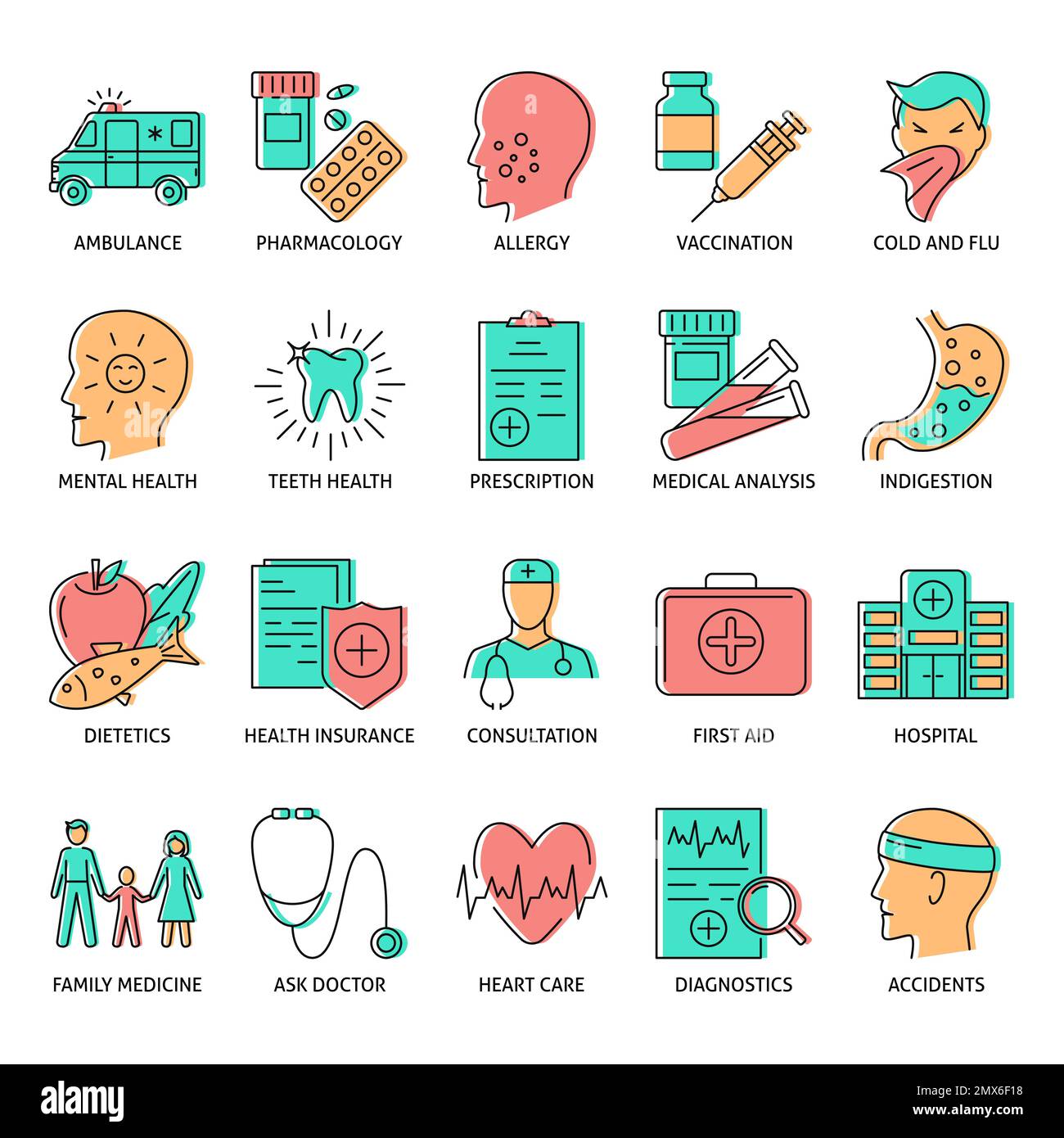 Medicine icon set in colored line style. Medical and healthcare symbols ...