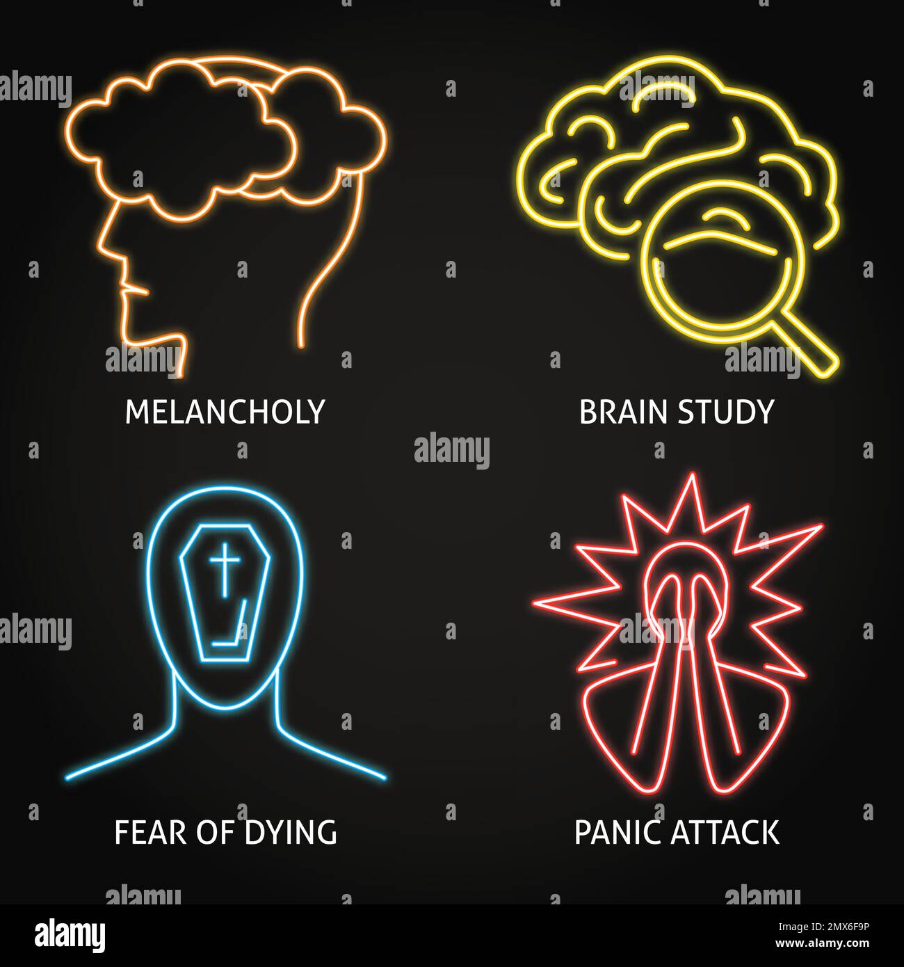 Neon stress and depression symptoms icon set. Vector illustration Stock ...