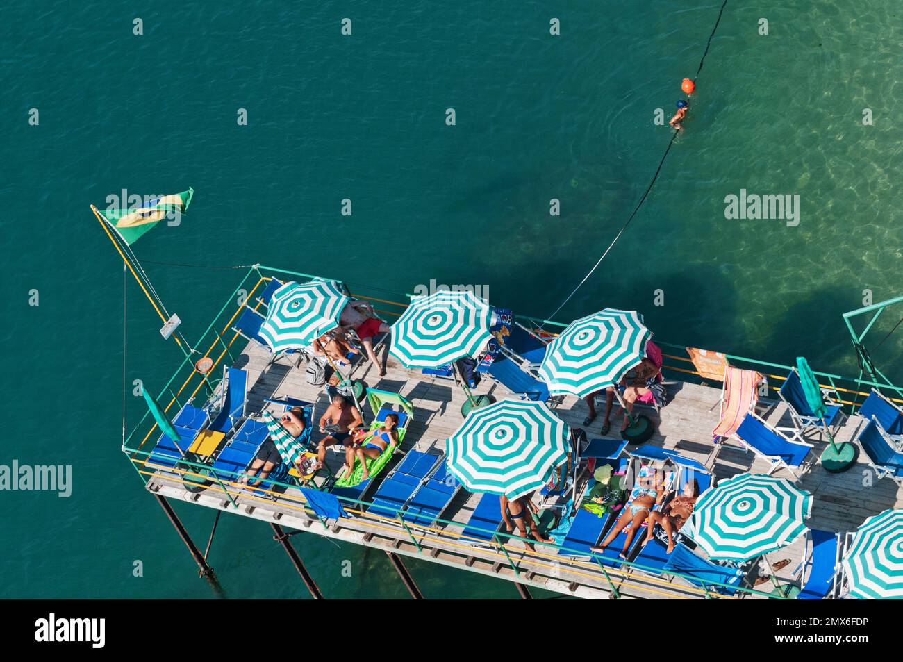 An aerial view of sunbathers and sunbeds with colourful parasols next ...