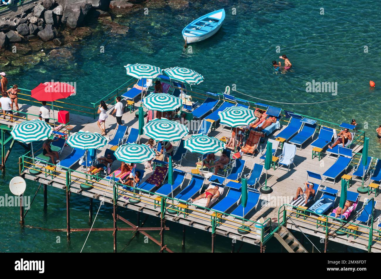 An aerial view of sunbathers and sunbeds with colourful parasols next ...