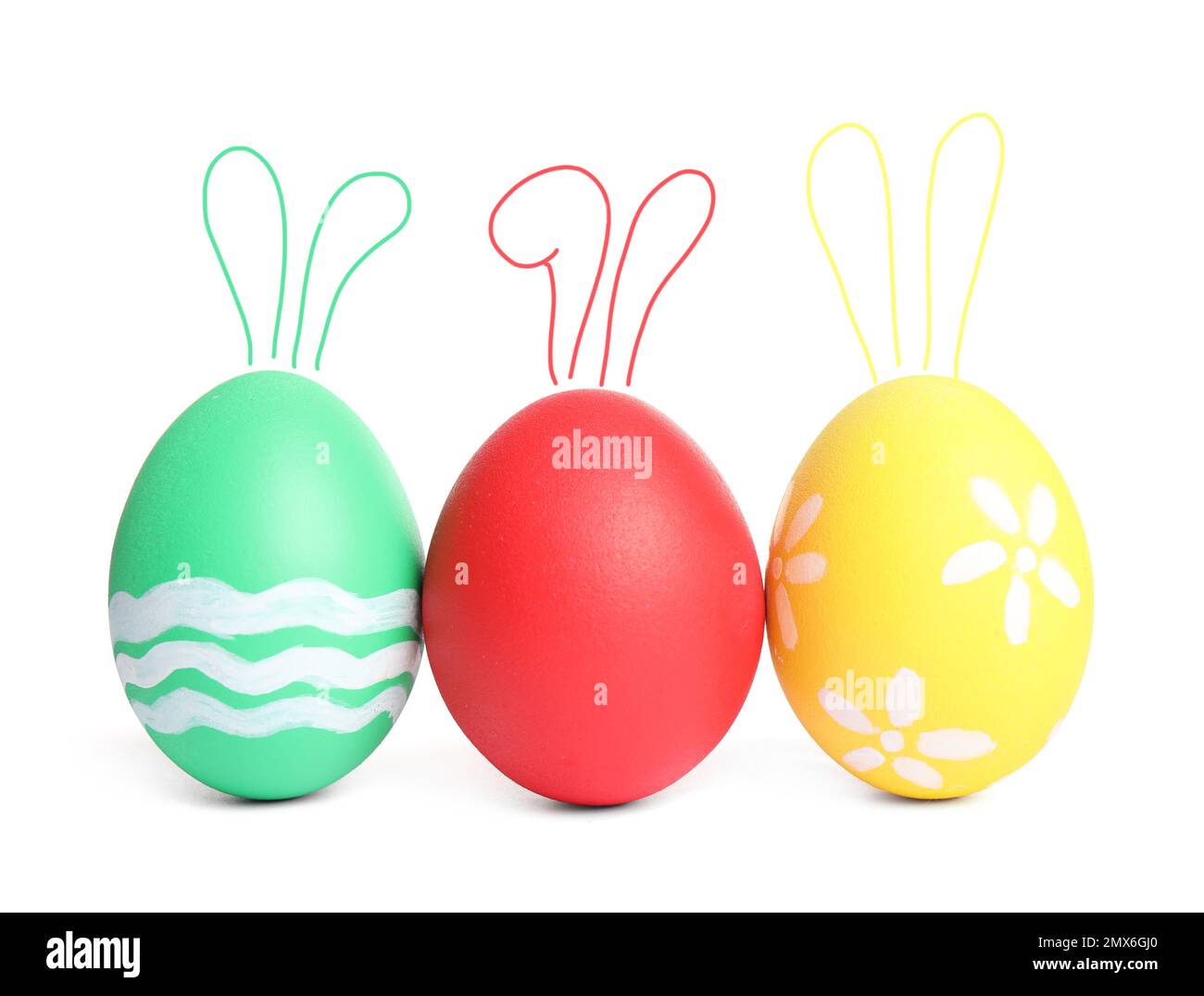 Colorful Easter eggs with cute bunny ears isolated on white Stock Photo ...