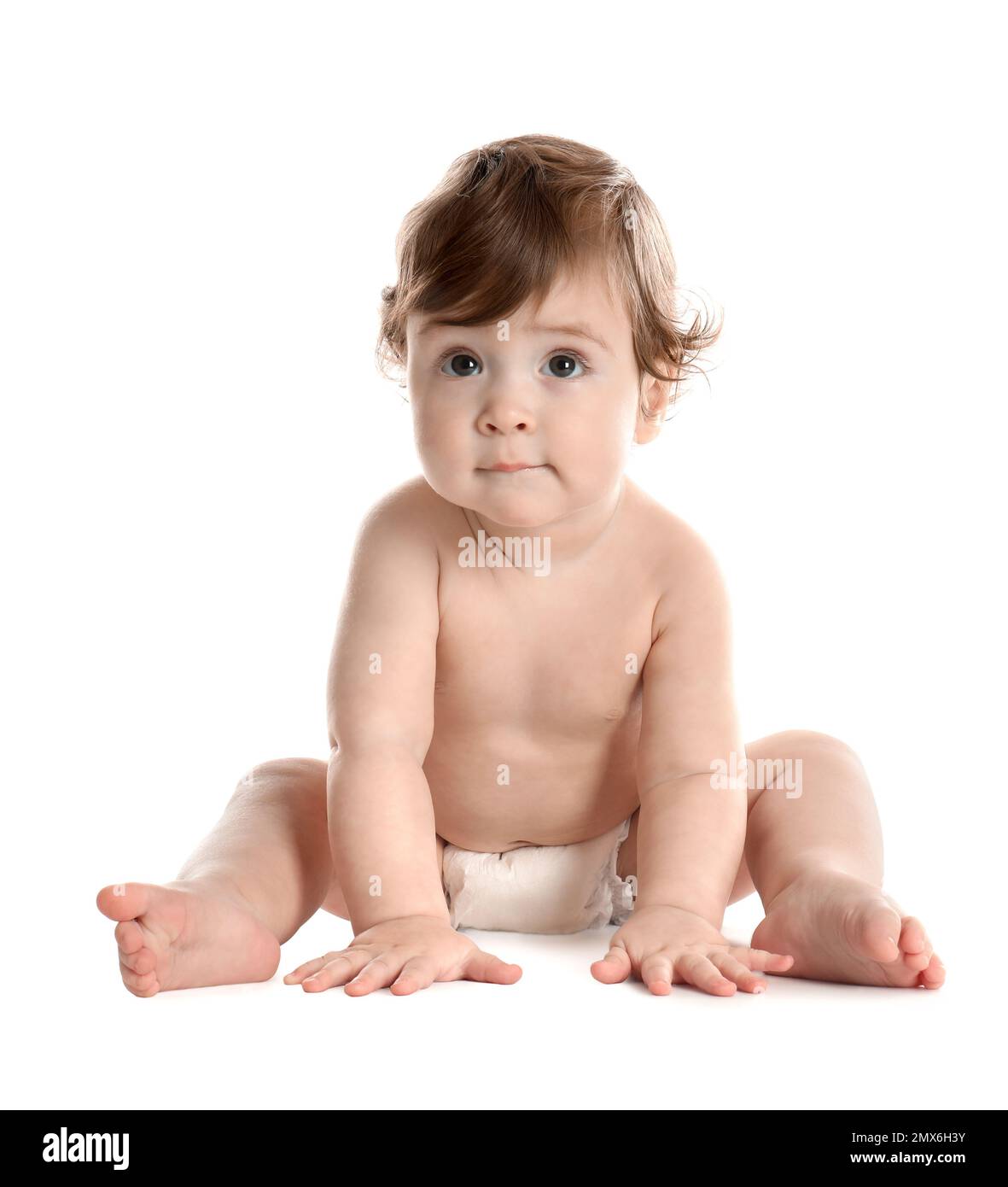 Cute little baby in diaper on white background Stock Photo - Alamy