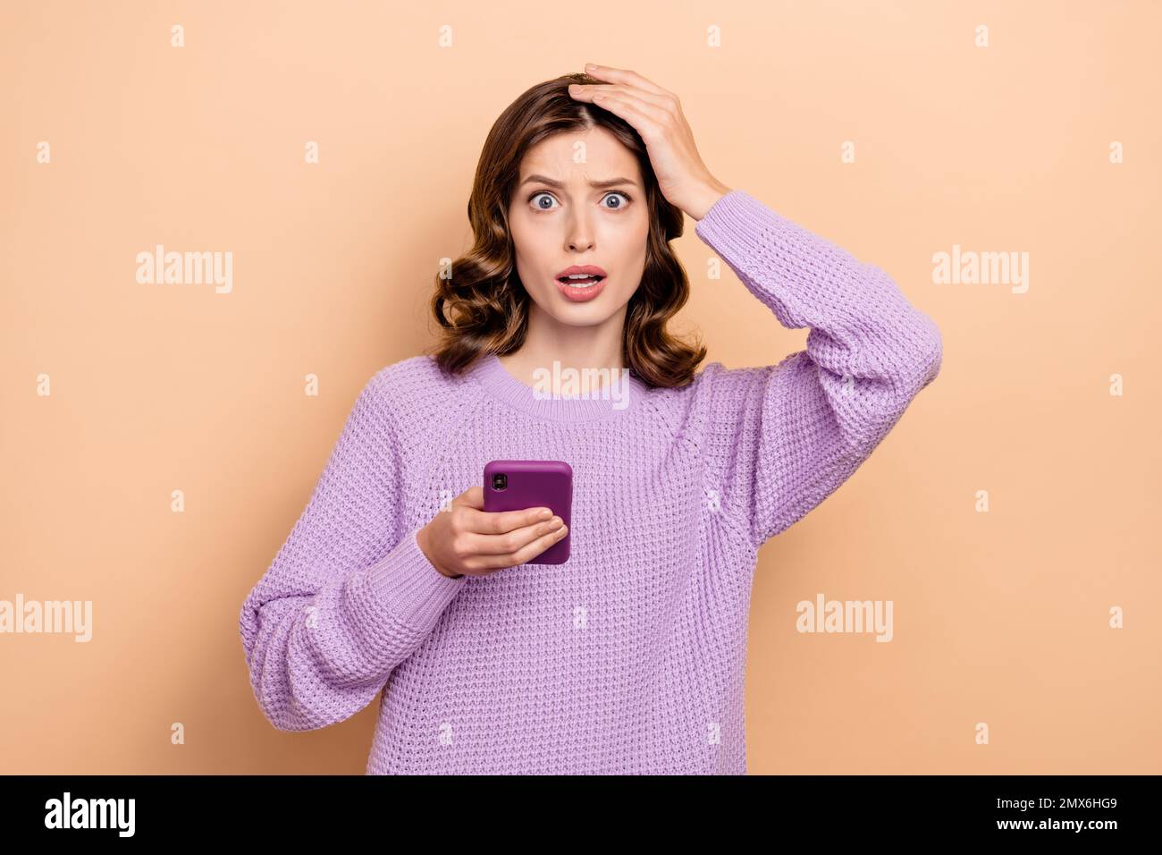 Photo of stressed nervous afraid scared lady hand head removed ...
