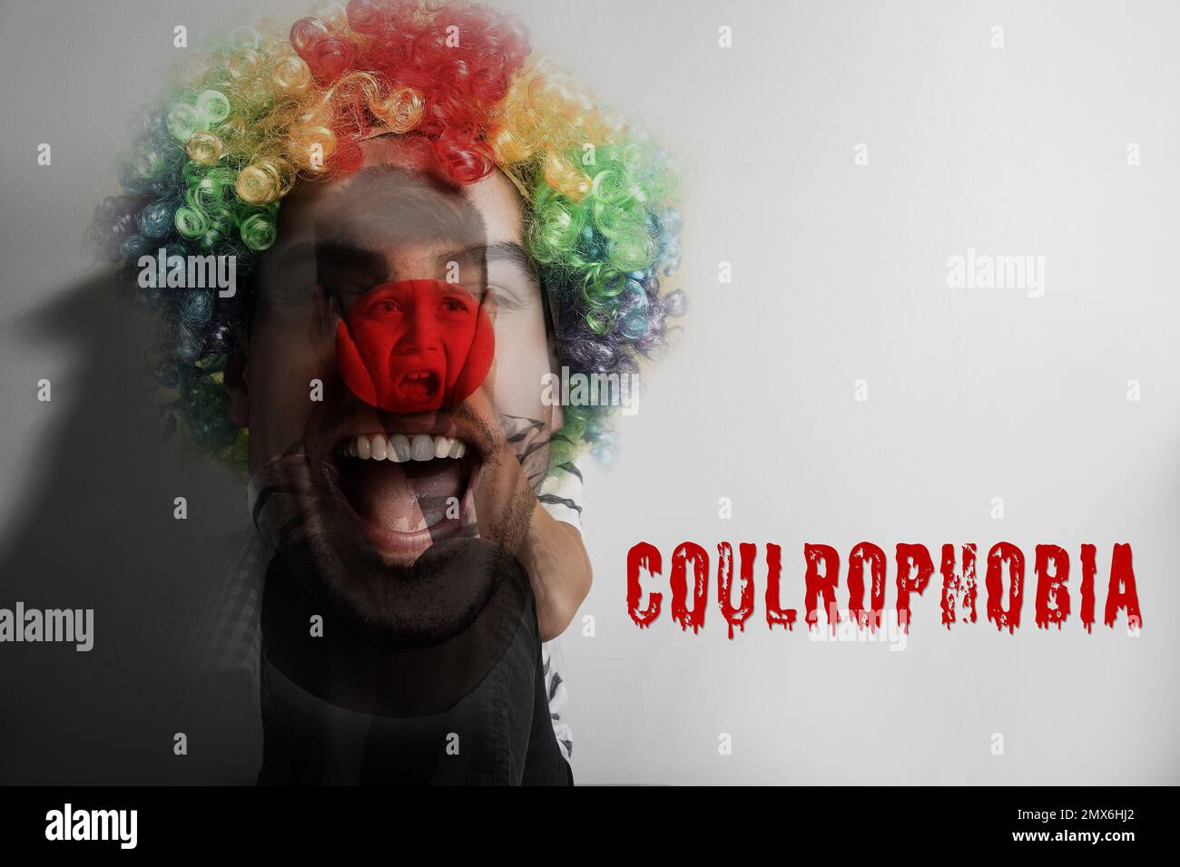 Coulrophobia concept. Double exposure of scared little boy and clown ...