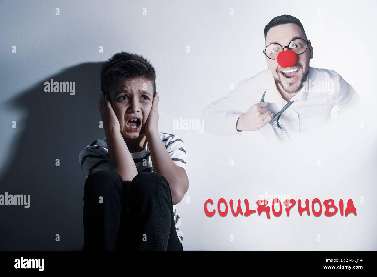 Coulrophobia concept. Scared little boy and phantom of clown Stock ...