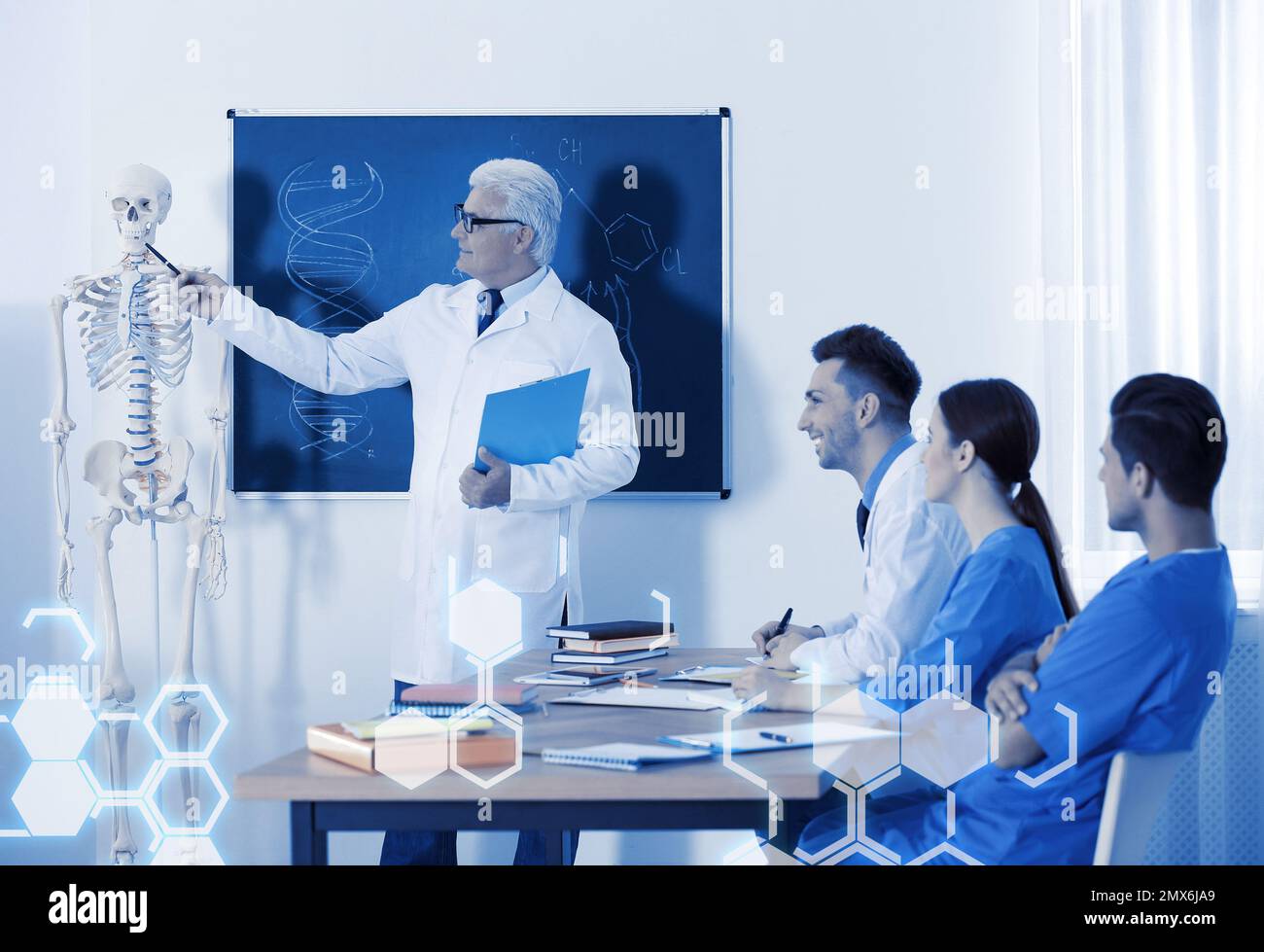 Medical students and professor studying human skeleton anatomy in ...