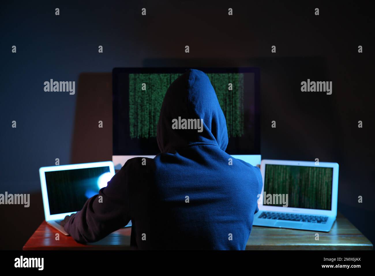 Hacker with computers in dark room. Cyber crime Stock Photo - Alamy