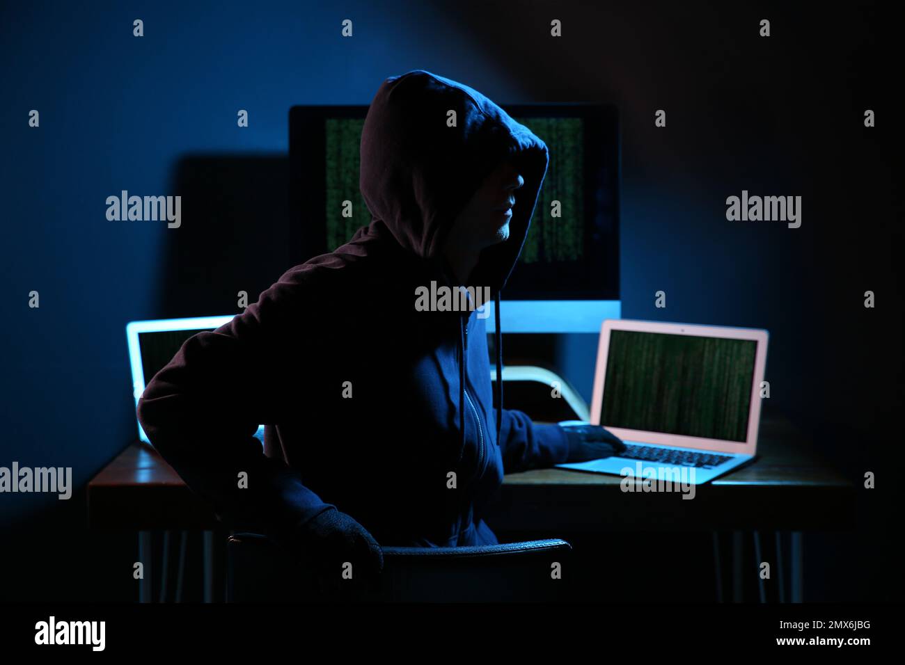 Hacker with computers in dark room. Cyber crime Stock Photo - Alamy