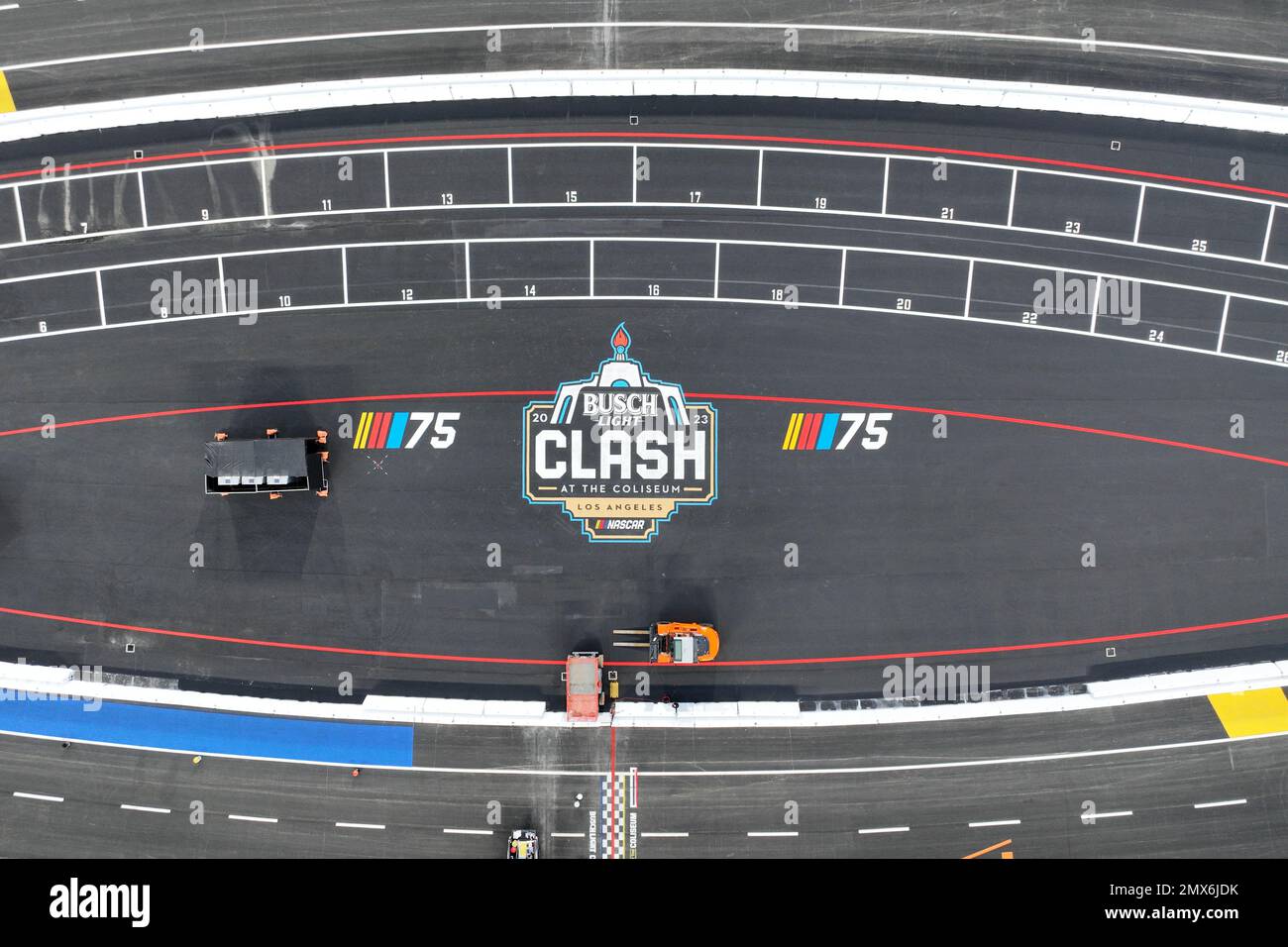 A general overall aerial view of the temporary asphalt racetrack at the Los Angeles Memorial ...