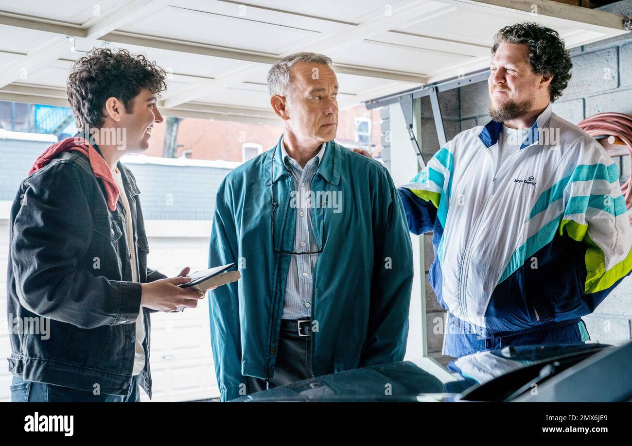 A MAN CALLED OTTO, from left: Mack Bayda, Tom Hanks, Cameron Britton ...