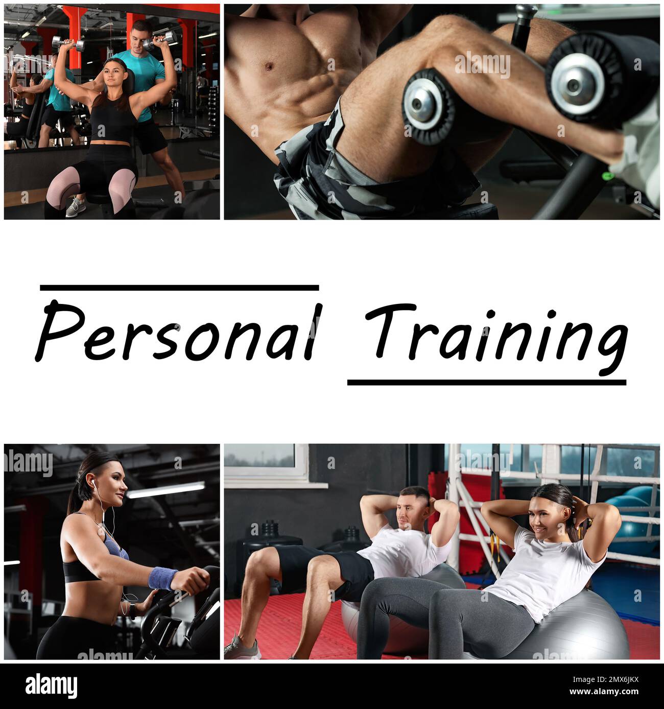 Collage of people in modern gym and text Personal Training Stock Photo ...
