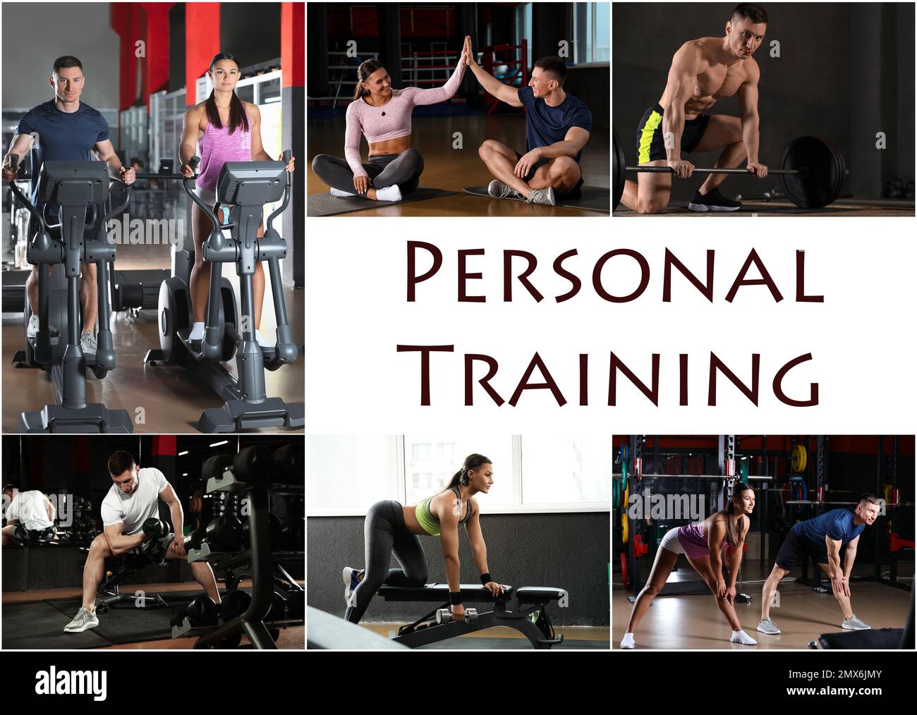 Collage of people in modern gym and text Personal Training Stock Photo ...