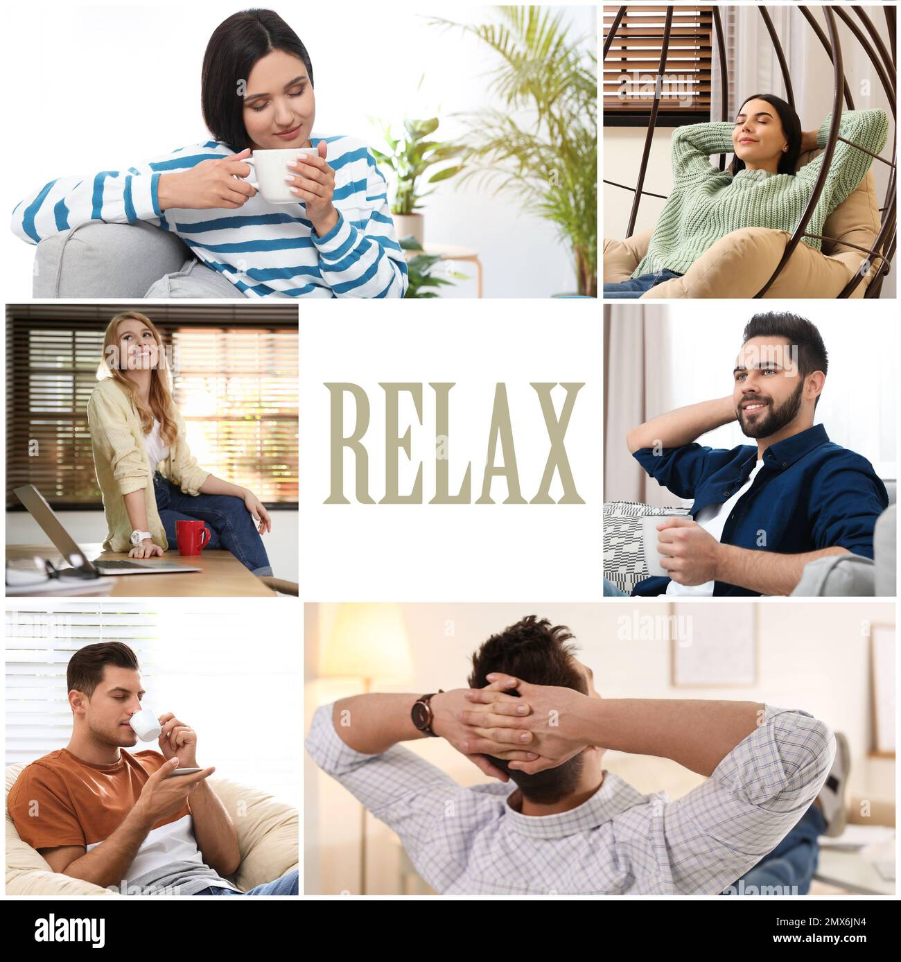Collage of different people resting indoors and word Relax Stock Photo ...