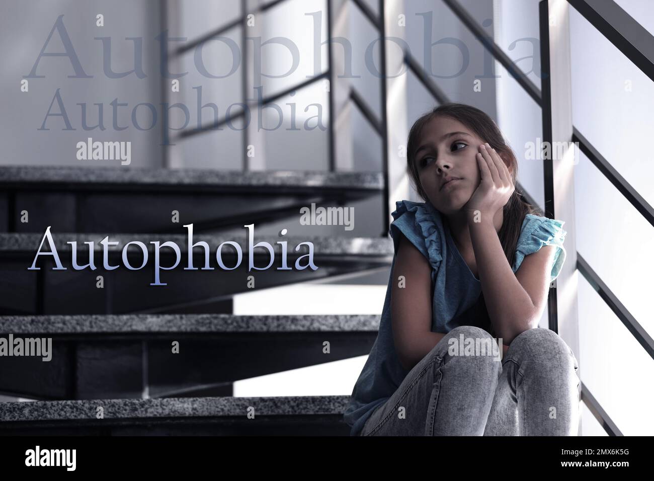 Depressed preteen girl sitting alone on stairs. Autophobia - fear of ...