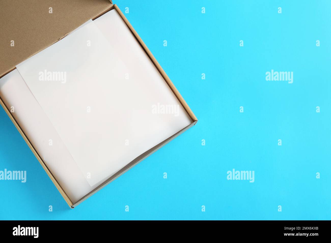 Open cardboard box on light blue background, top view. Space for text ...