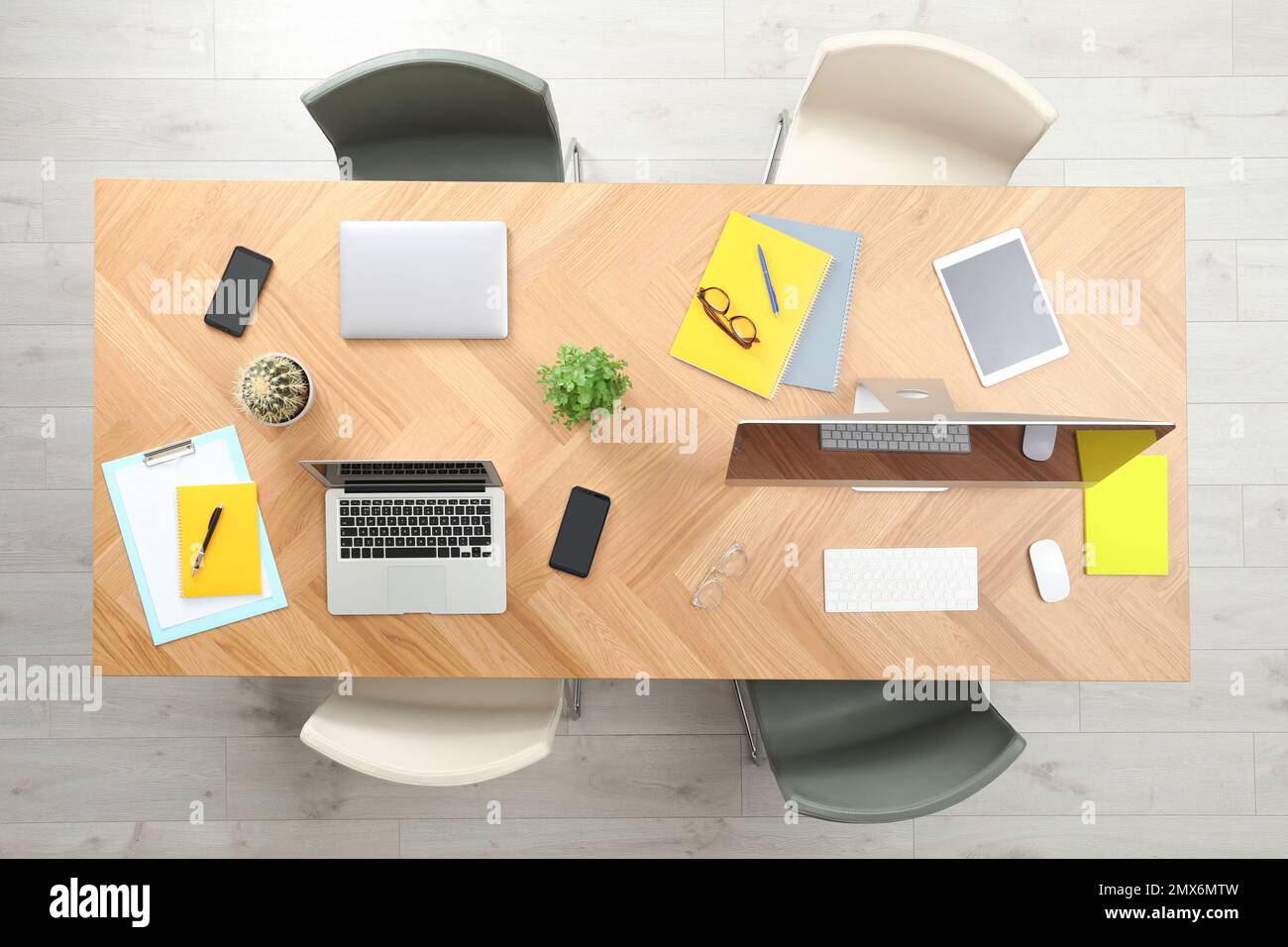 Modern office table with devices and chairs, top view Stock Photo - Alamy