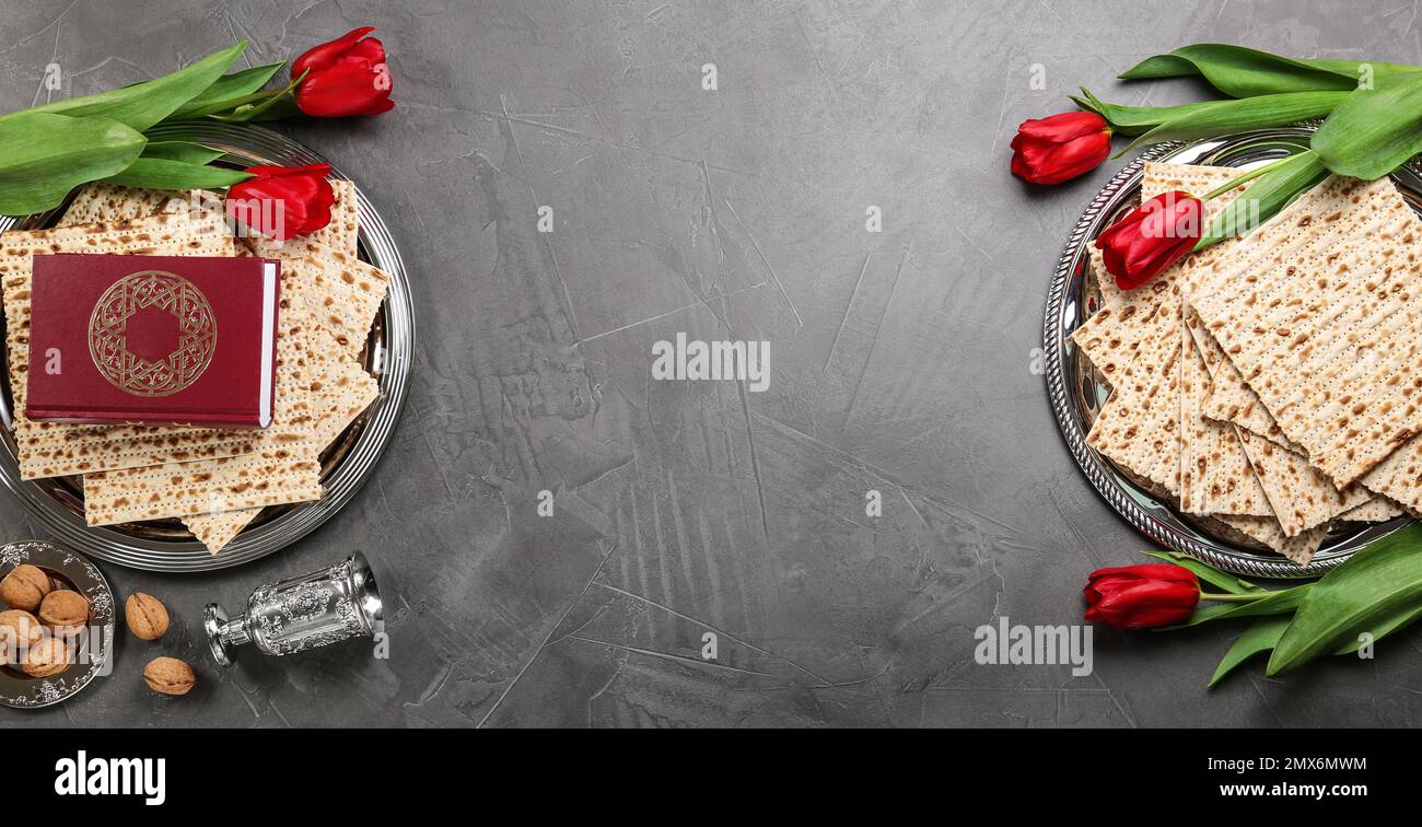 Flat lay composition with traditional Pesach (Passover Seder) items on ...