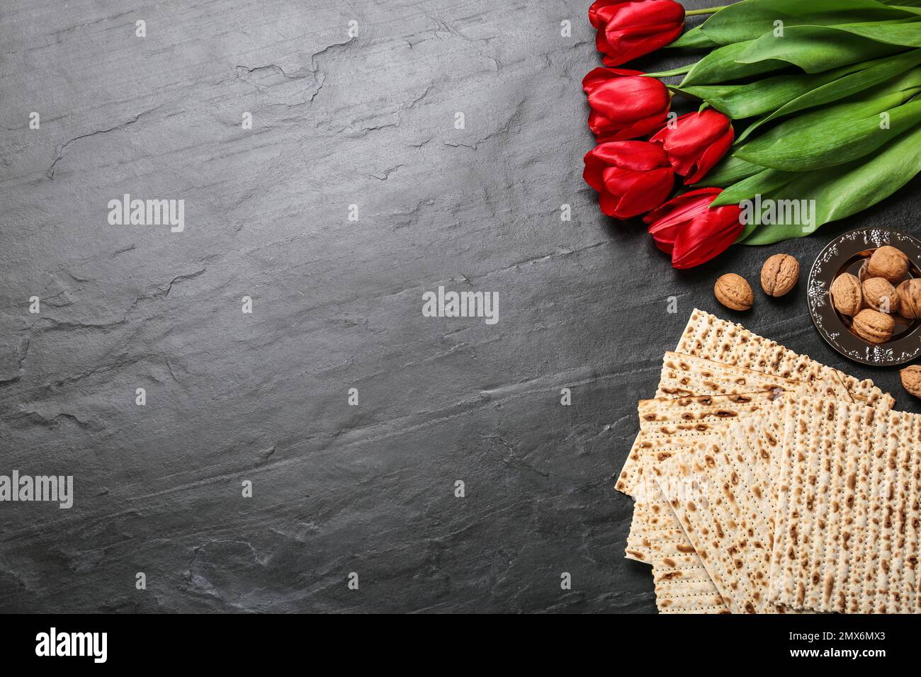 Flat lay composition with traditional Pesach (Passover Seder) matzo on ...