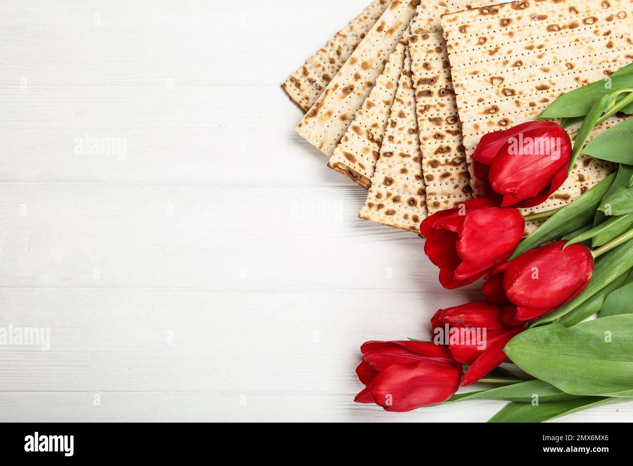 Flat lay composition with traditional Pesach (Passover Seder) matzo on ...