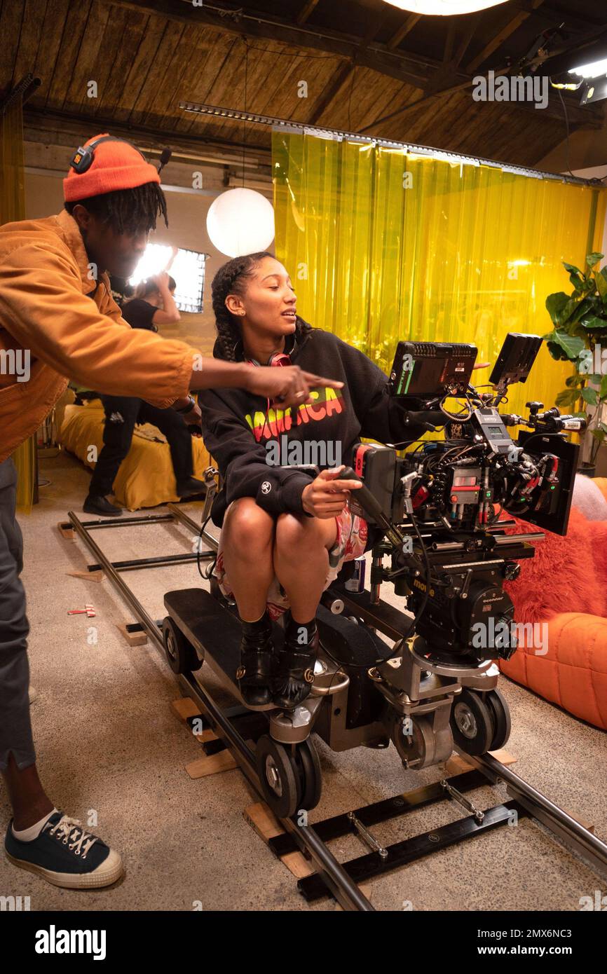 RYE LANE, from left: cinematographer Olan Collardy, director Raine Allen Miller, on set, 2023 ...